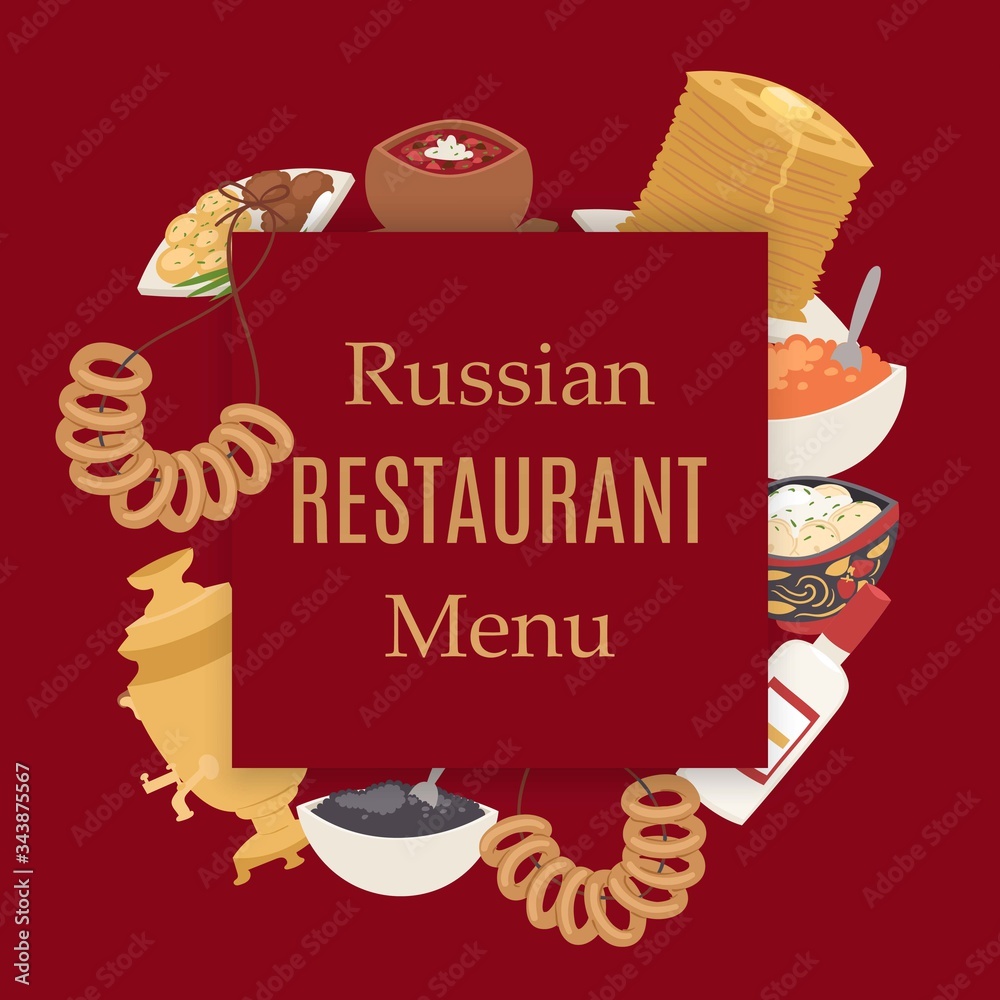 Russian retaurant cuisine poster with caviar, thin pancakes, beet soup ...