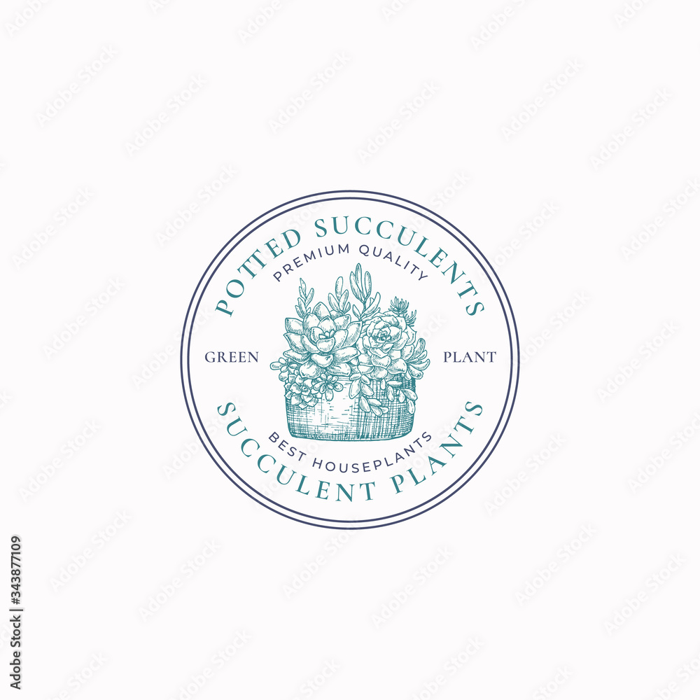 Plants Badge or Logo Template. Hand Drawn Potted Succulents with Leaves ...