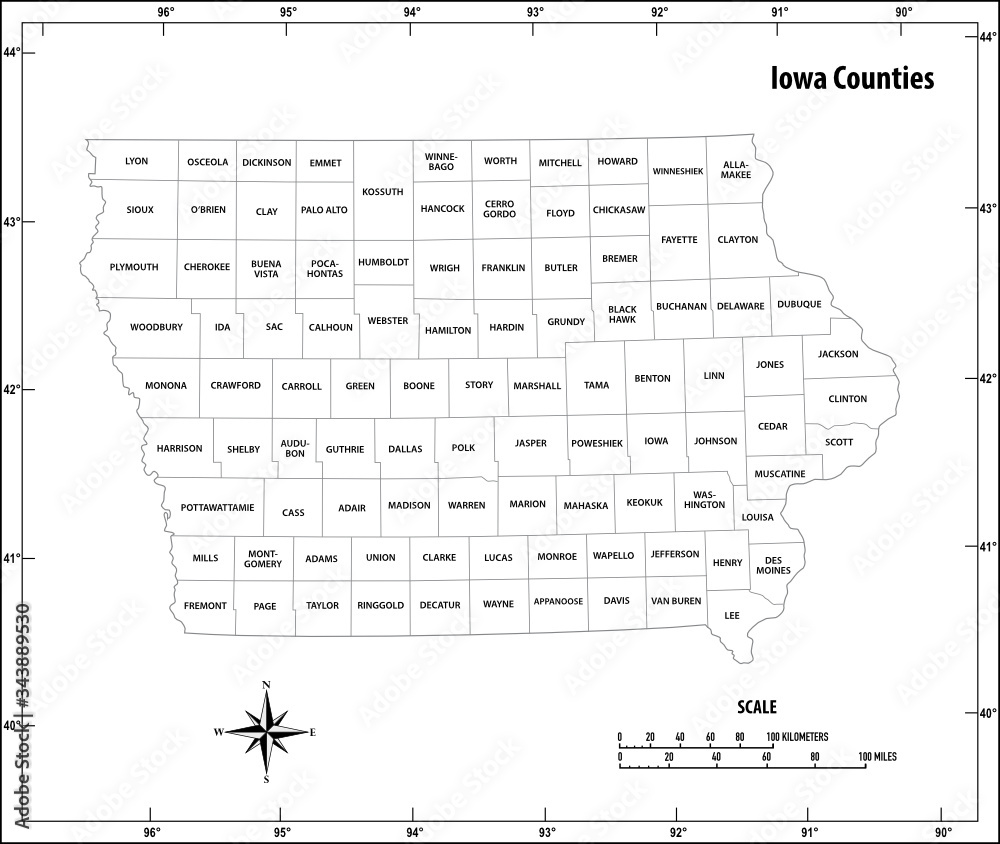 Iowa state outline administrative and political vector map in black and ...