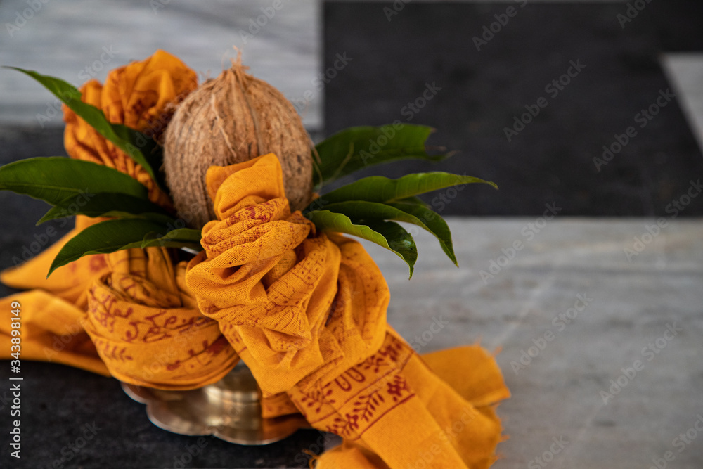 coconut for Indian Hindu Traditional Pooja. Vedic fire ceremony called ...