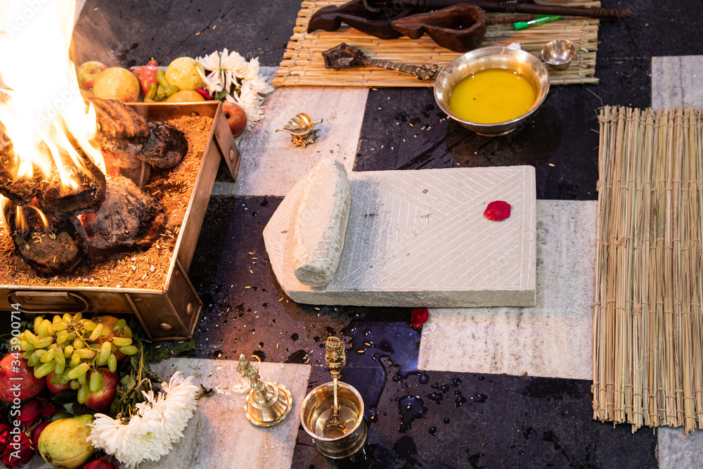 items for the Indian Yajna ritual. Indian Vedic fire ceremony called ...