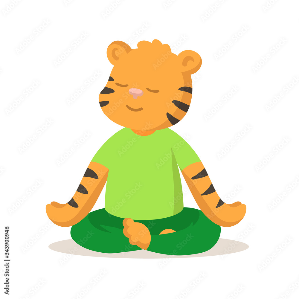 Cute smiling tiger sitting in lotus position, cartoon character ...