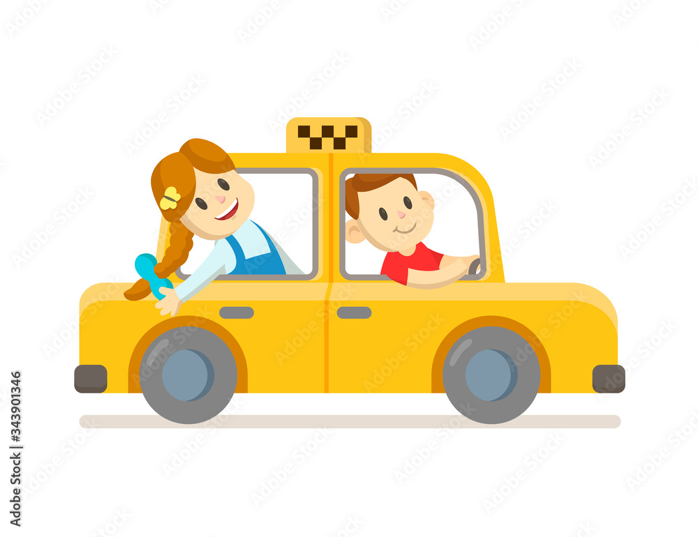 Cute happy boy and girl riding in yellow taxi cab. Colorful flat vector ...