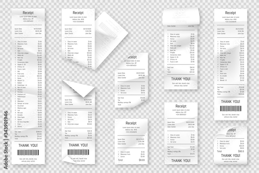 Set of paper receipts isolated on background. Realistic paper receipt ...