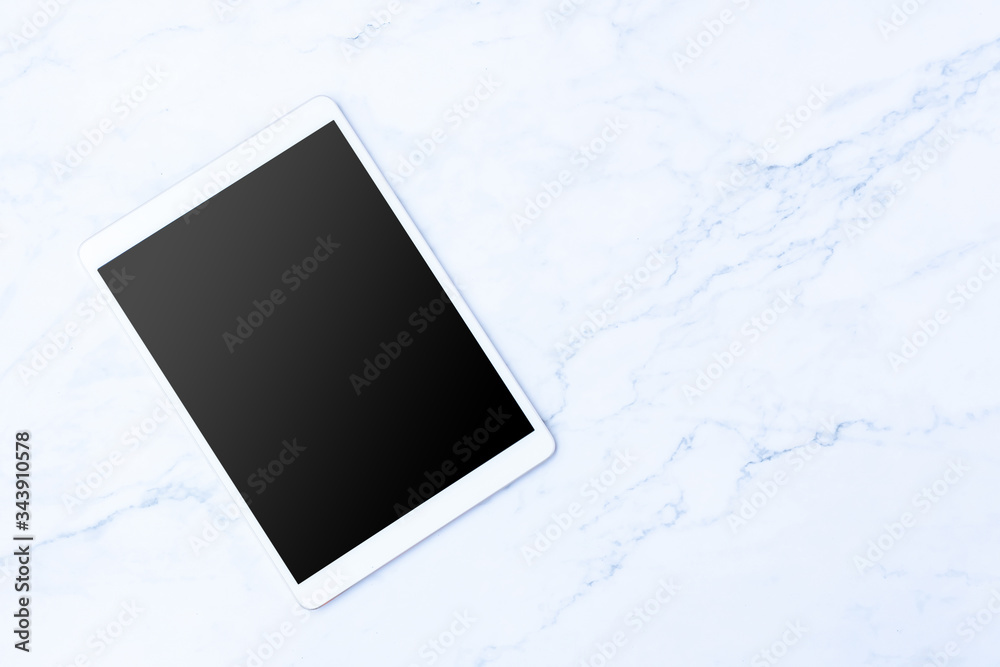 Vintage Tablet mockup flat lay on old white marble table top view ...