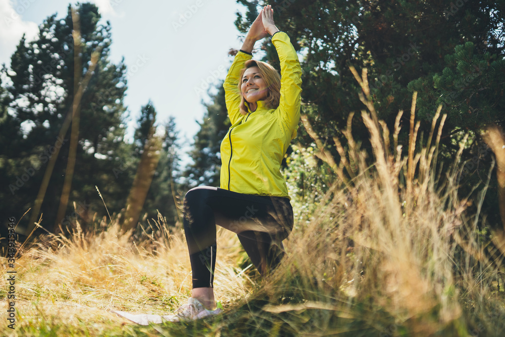 Fun girl exercising outdoors in sun summer day, activity with ...