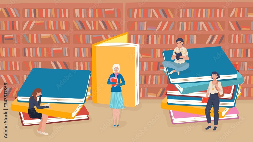 Library concept, tiny people sitting on huge books, vector illustration ...