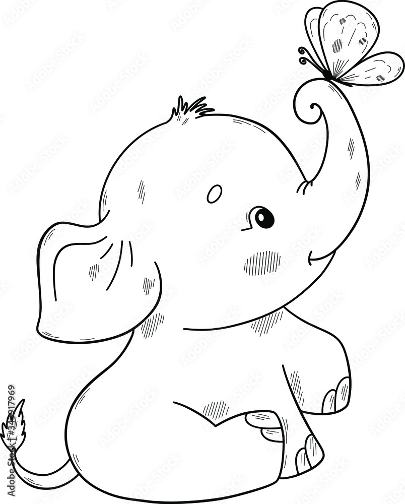 Cute baby elephant. Coloring book page for children Stock Vector ...