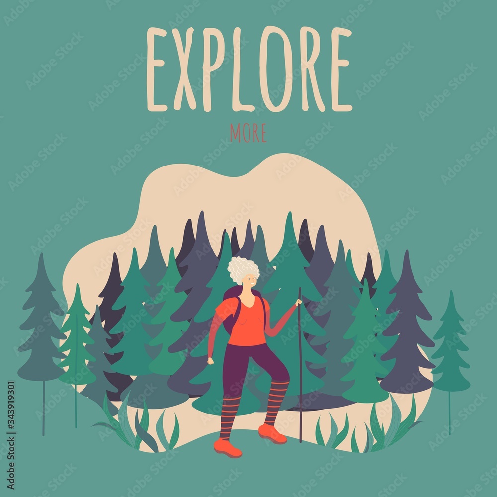 Explore typography card, woman cartoon character hiking in nature ...