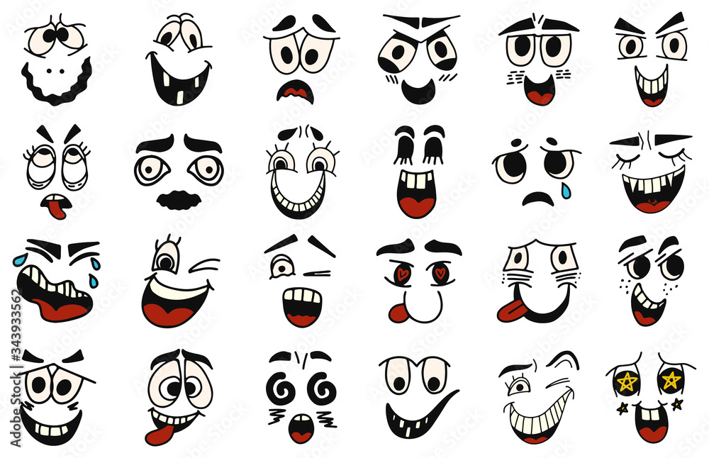 Cartoon faces. Kawaii cute faces. Expressive eyes and mouth, smiling ...