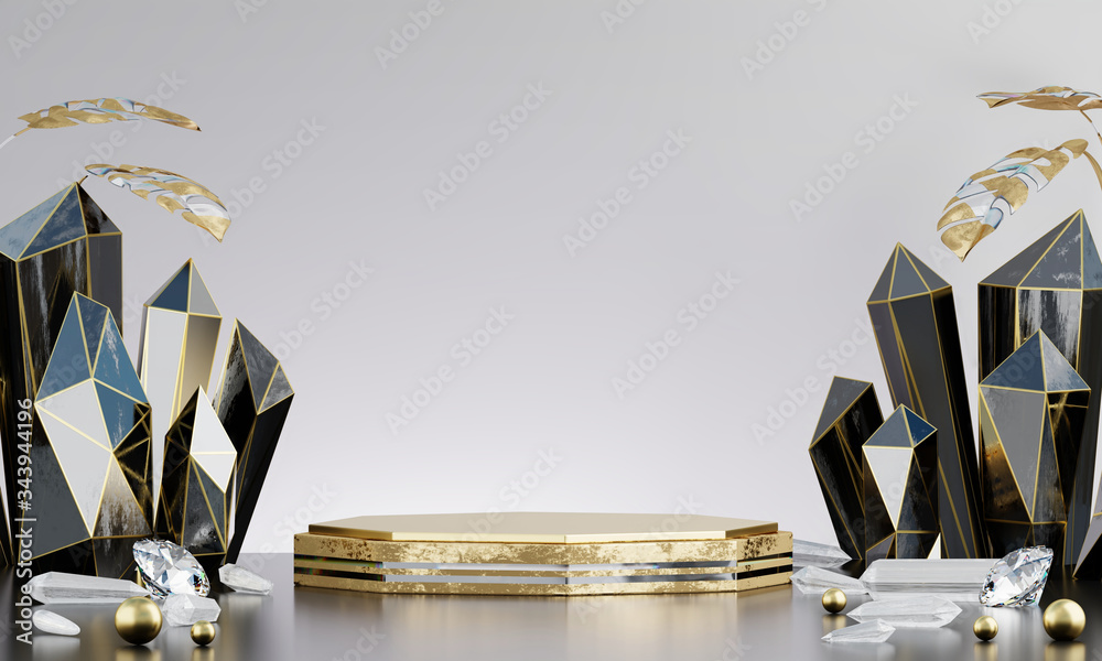 Abstract Gold Luxury stage platform with black crystal, for advertising ...