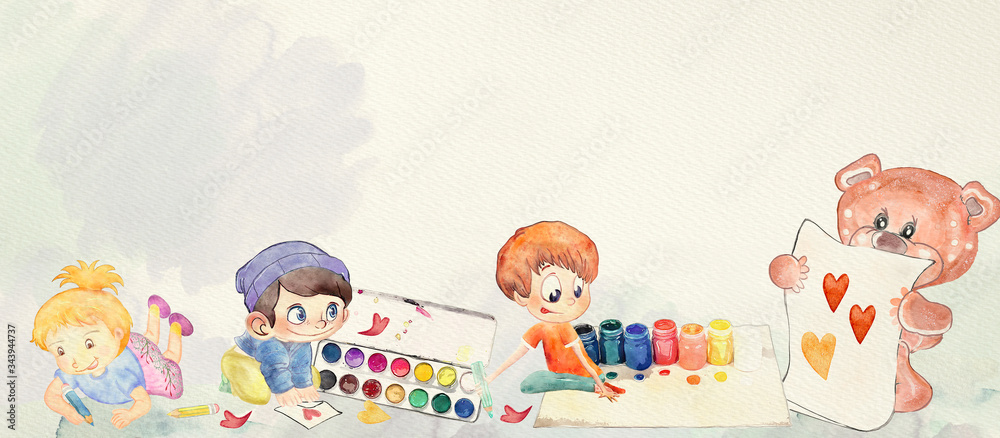 Children drawing with teddy bear. Watercolor education background Stock ...