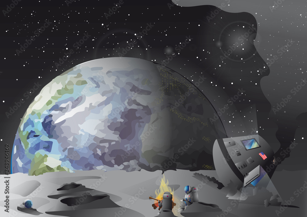 Space shipwreck, first shot two astronauts playing the lead guitar of a ...