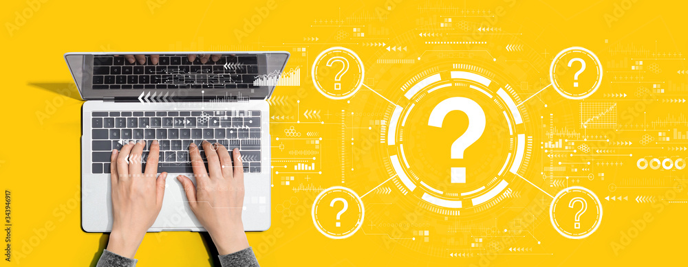 Question marks with person using a laptop computer Stock Photo | Adobe ...