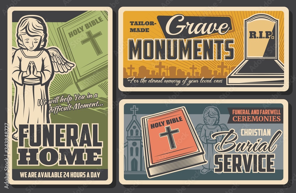 Funeral and burial agency service, vector vintage posters for farewell ...
