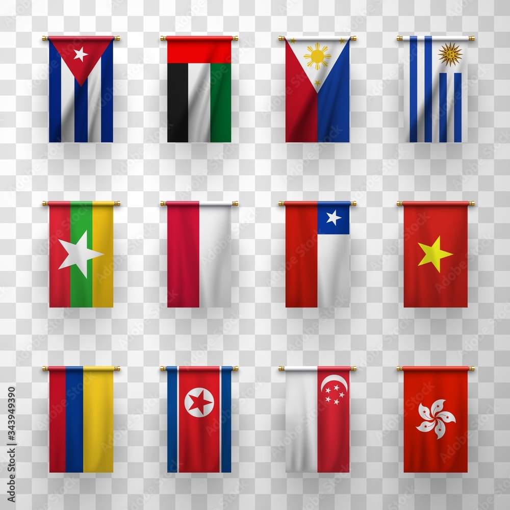 Realistic flags vector 3d icons Burma, Colombia and Chile, Uruguay ...