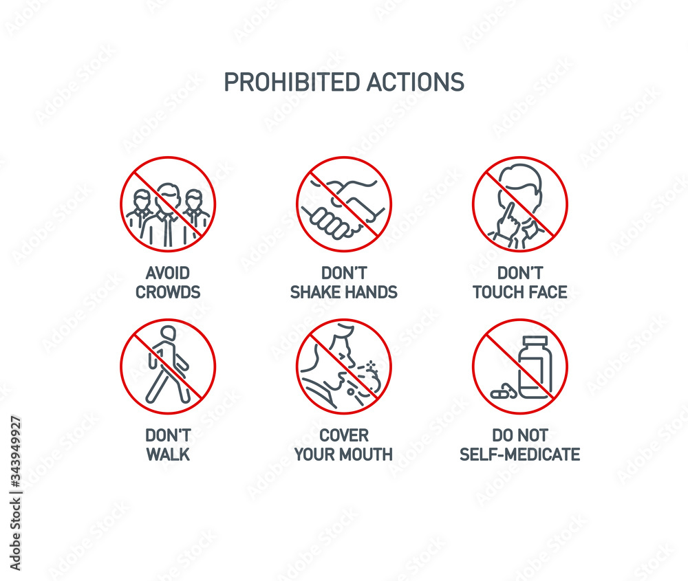 prohibited actions Coronavirus line icons set poster isolated on white ...