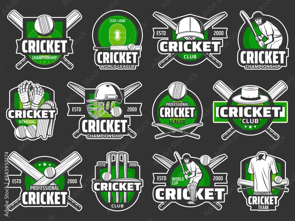 Cricket club badges and sport team emblems, league championship cup ...