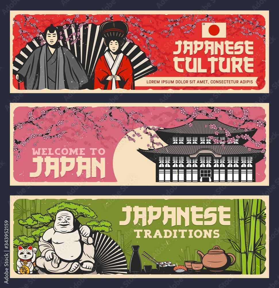Welcome to Japan, vector vintage banners, Japanese culture, traditions ...