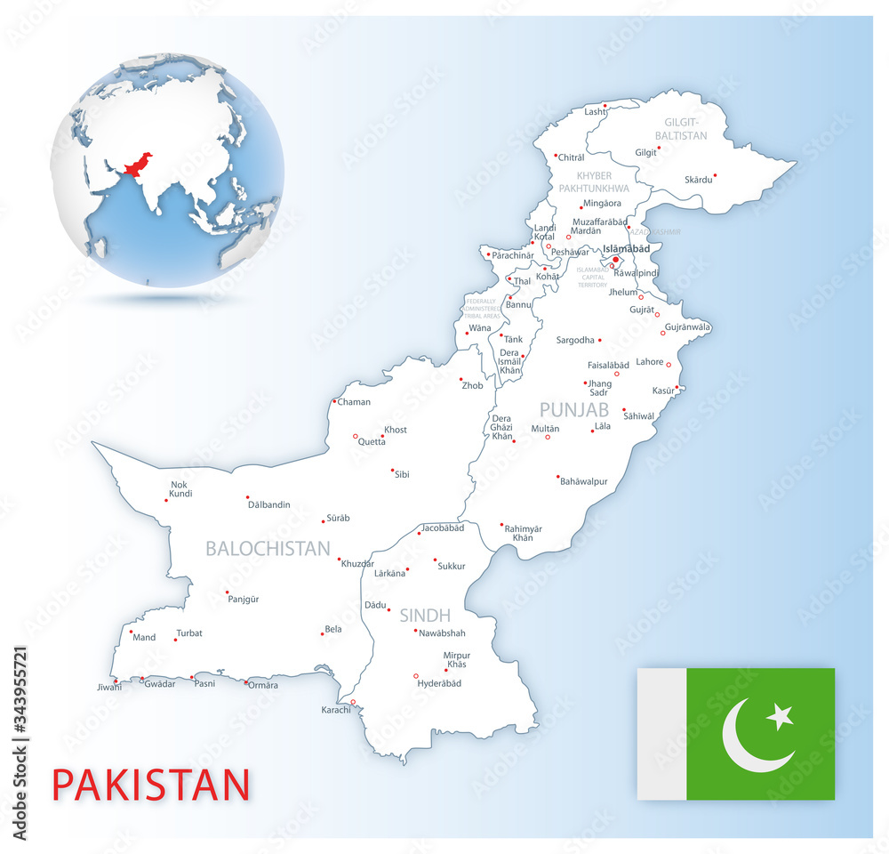 Detailed Pakistan administrative map with country flag and location on ...