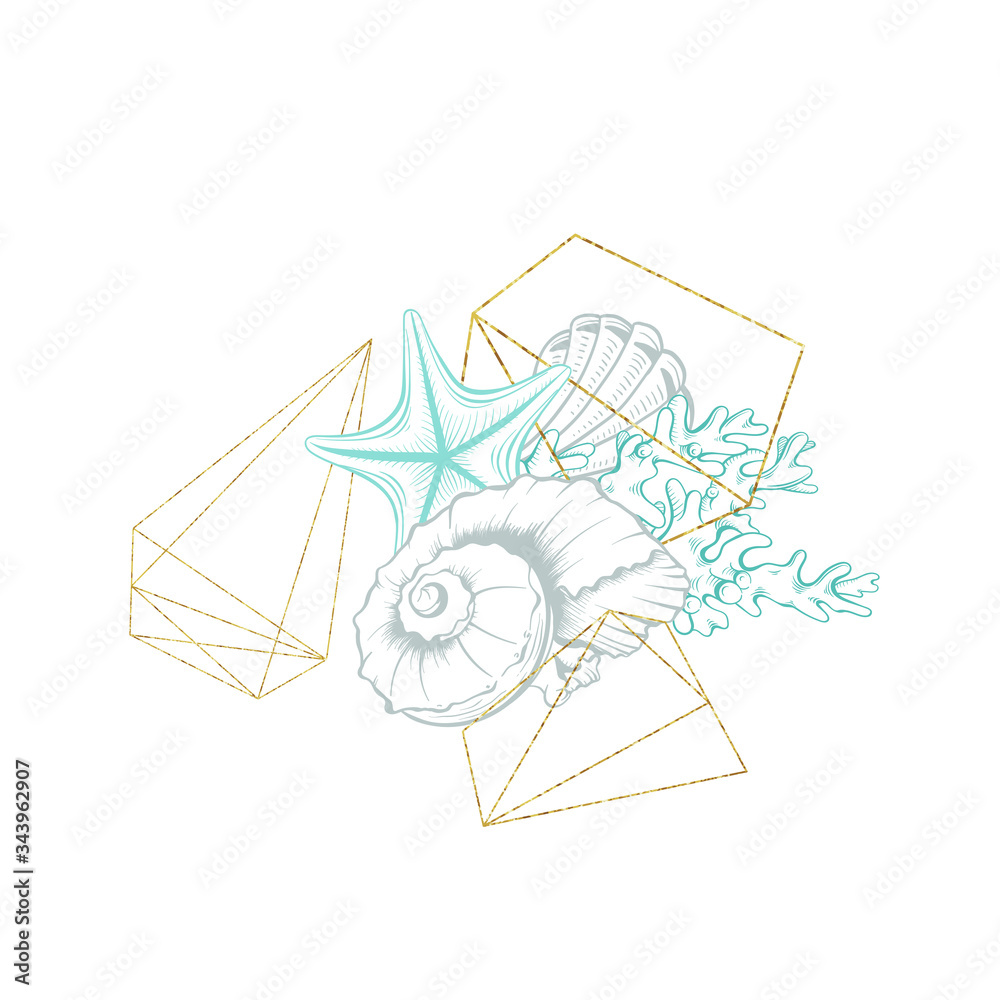 Seashell sketch in gold geometric crystal circle frame, vector ...