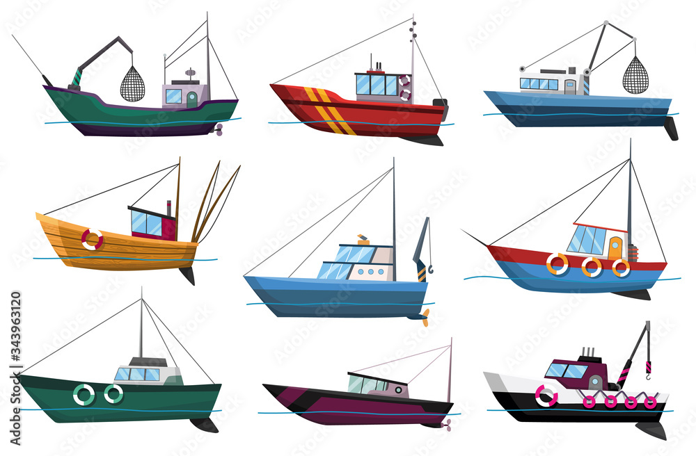 Collection of fishing boats side view isolated on white background ...