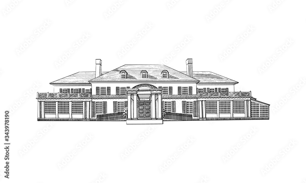 Vector illustration with Georgian style mansion, country estate ...