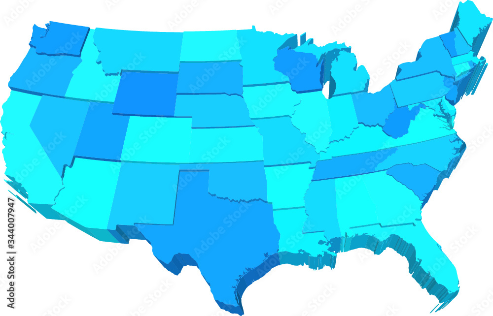 United States 3D vector map, extruded in perspective, with separated ...