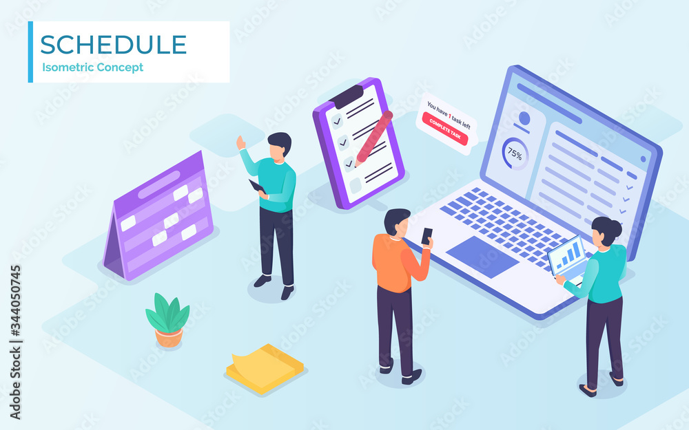 business schedule project management team with app and notes in modern ...