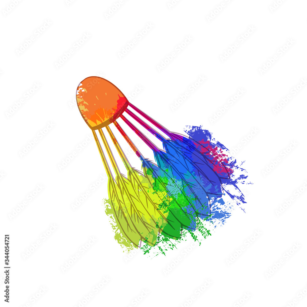 Contour sketch of a shuttlecock with rainbow watercolor splashes on a ...