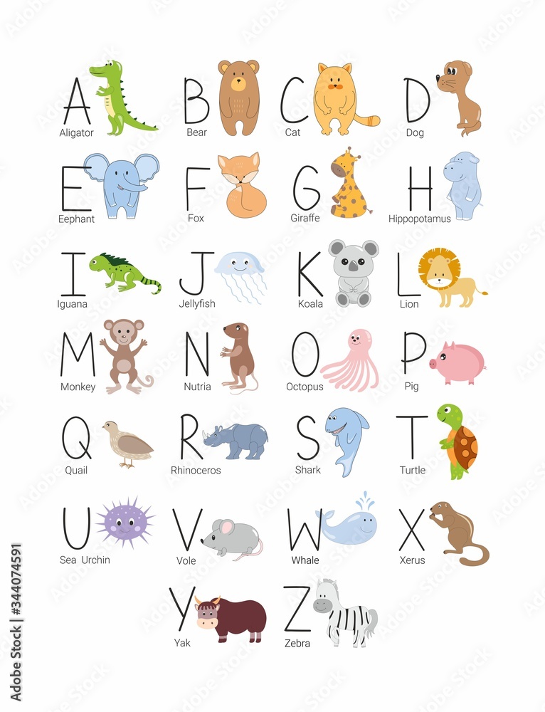 English children's alphabet with animals and hand lettering. Poster for ...