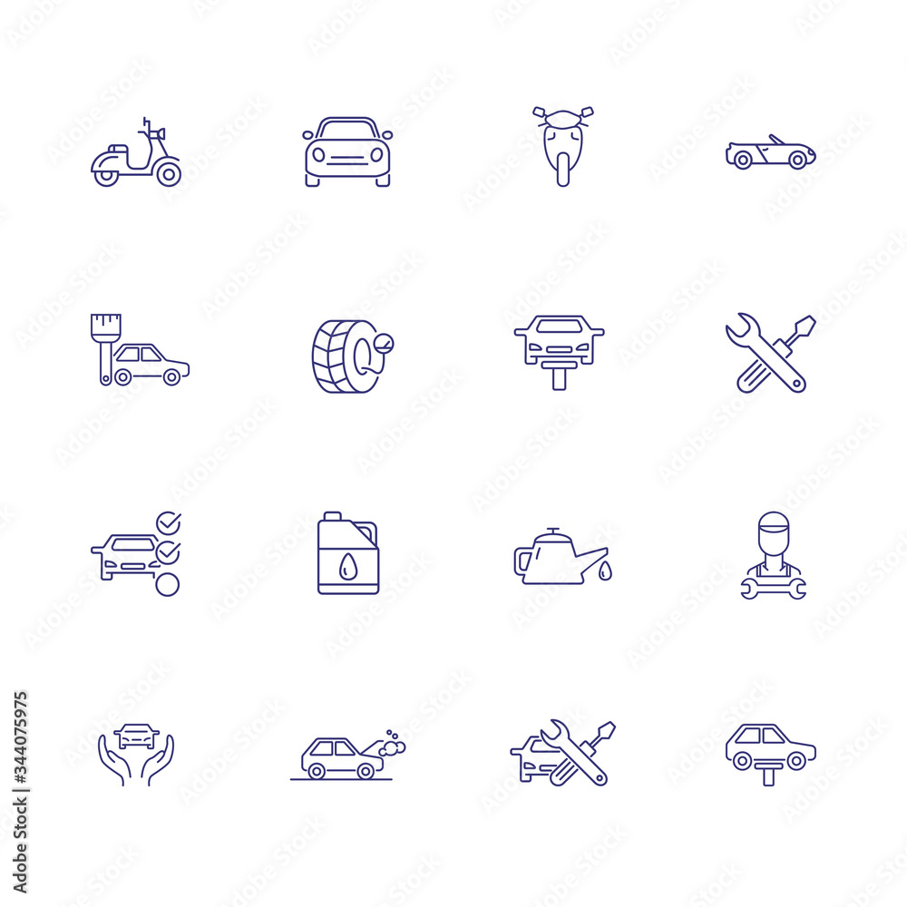 Car service line icon set. Vehicle, scooter, oil, wheel. Maintenance ...