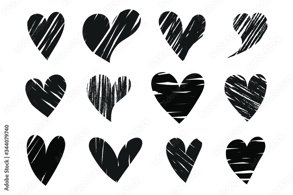 Vector Heart shape frame with brush. Heart hand drawn icons set ...