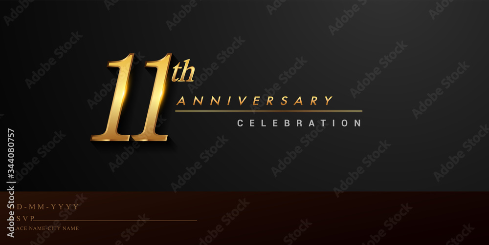 11th anniversary celebration logotype with handwriting golden color ...