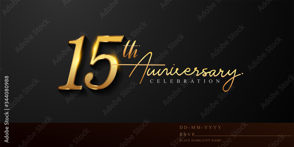 15th anniversary celebration logotype with handwriting golden color ...