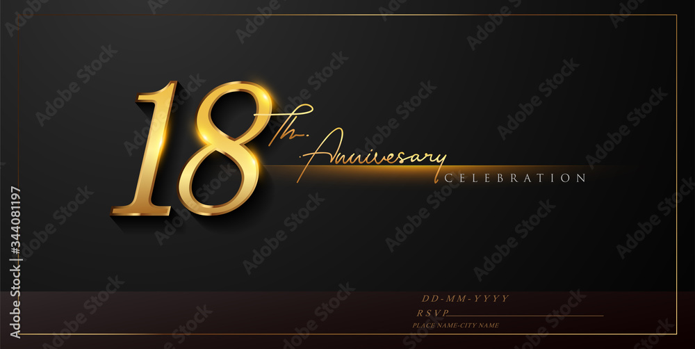 18th anniversary celebration logotype with handwriting golden color ...