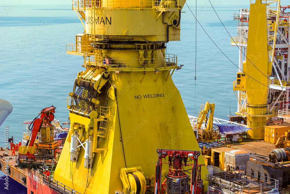 Large work barge carrying new structure module to be installed at oil ...