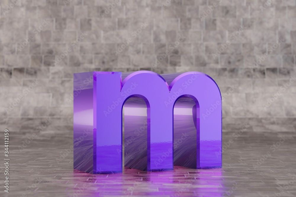 Violet 3d letter M lowercase. Glossy indigo letter on tile background ...