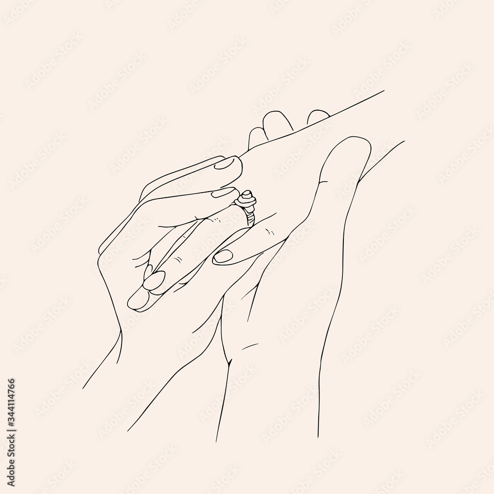 man putting engagement ring on woman hand, outdoor. marriage proposal ...