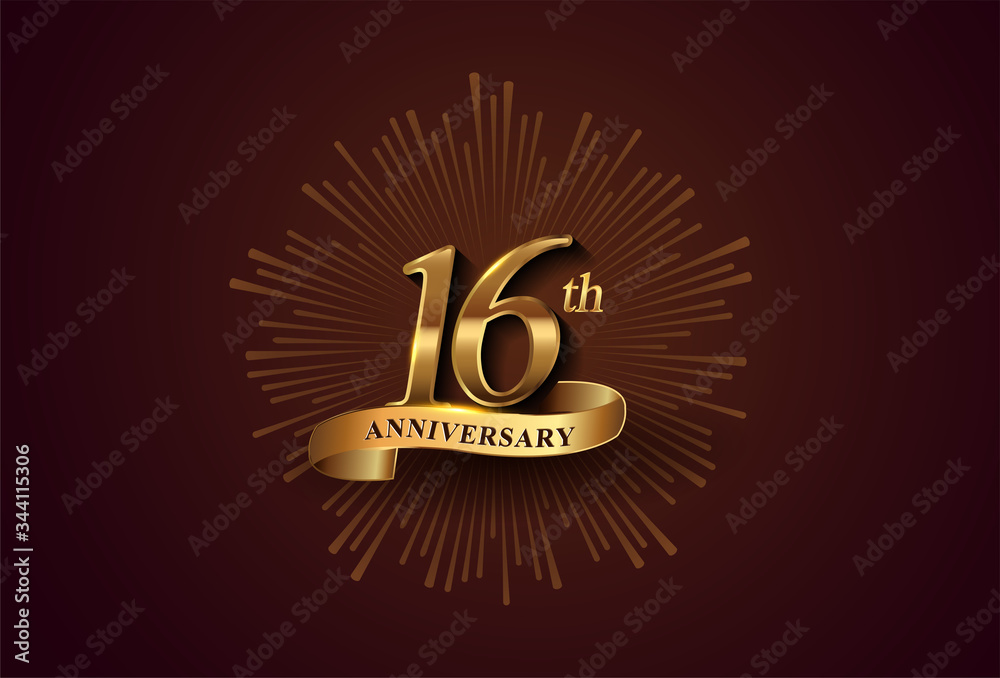 16th anniversary logotype with fireworks and golden ribbon, isolated on ...