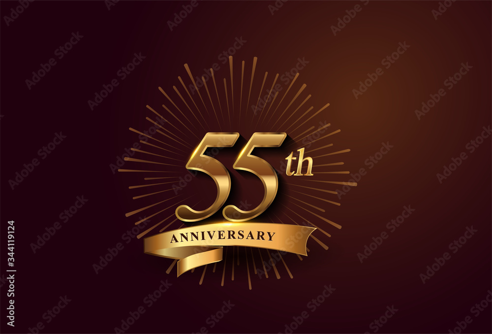 55th anniversary logotype with fireworks and golden ribbon, isolated on ...