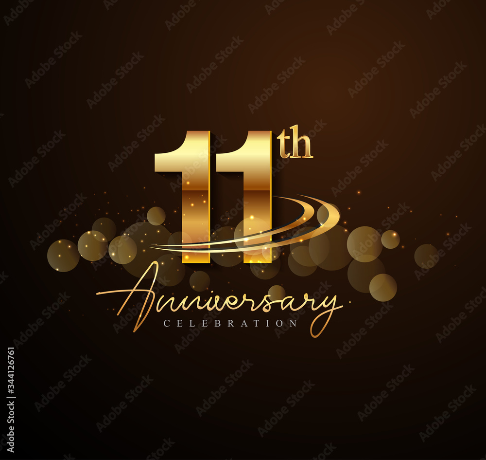 11th golden anniversary logo with swoosh and sparkle golden colored ...