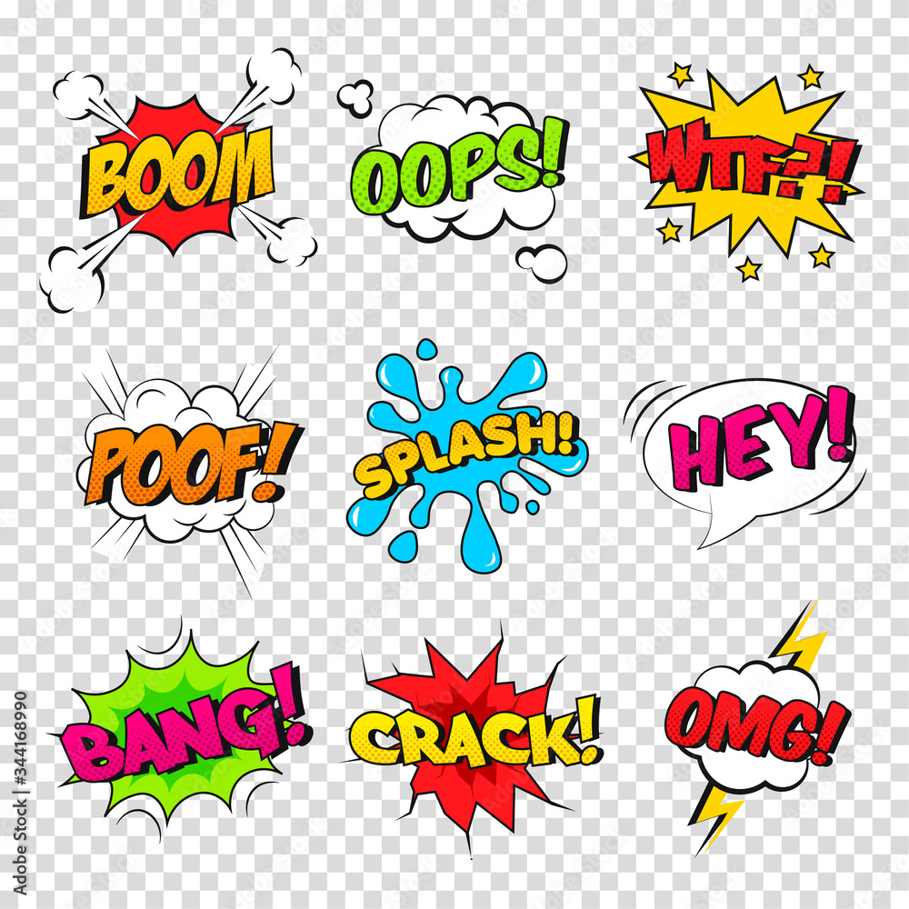Vector set of comic sound effects. Cartoon speech bubble with phrase ...