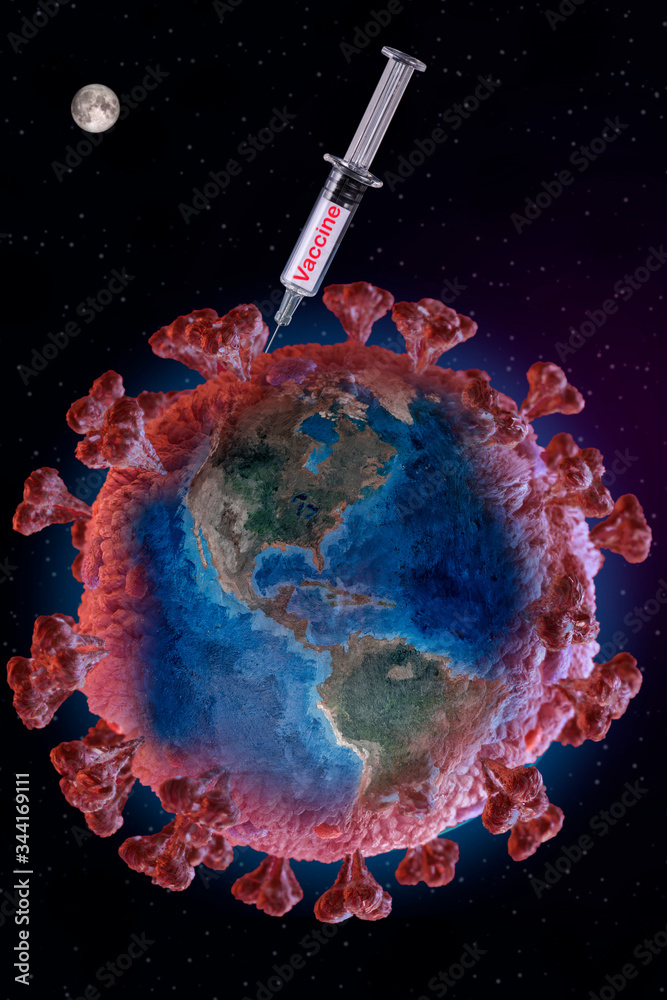 Planet earth wrapped in the coronavirus, and a syringe puncturing the ...