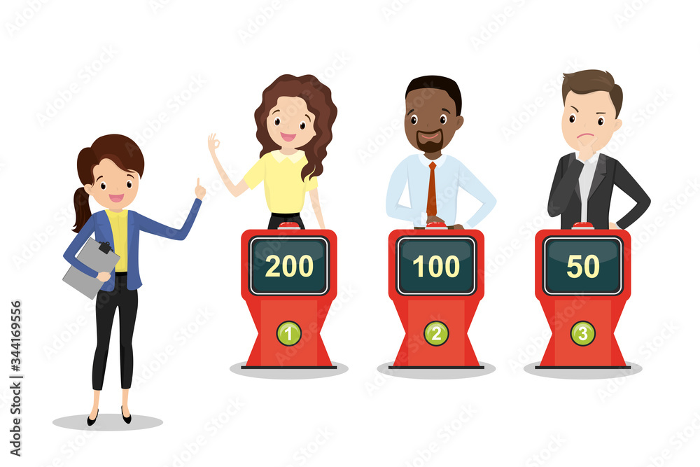 Vetor de Cartoon young people guessing quiz questions,intellectual game ...