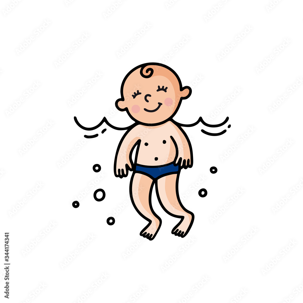 Icon Vector flat illustration of sunburnt baby is swimming in the sea ...