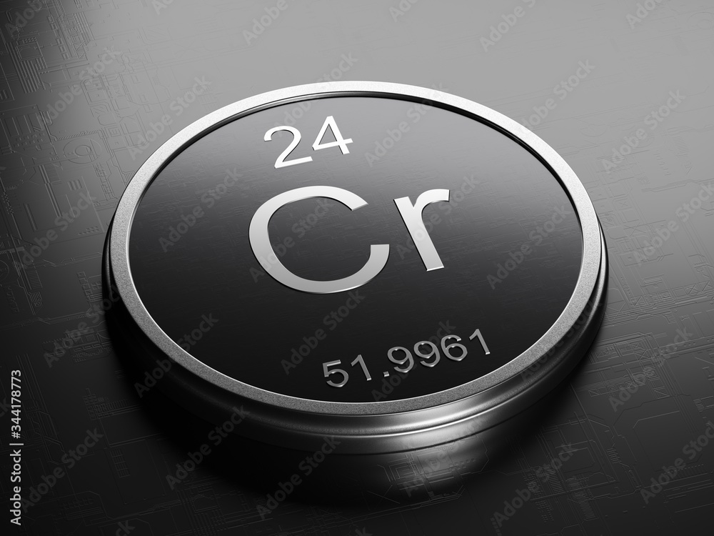 Chromium element from periodic table on futuristic round shiny metallic ...