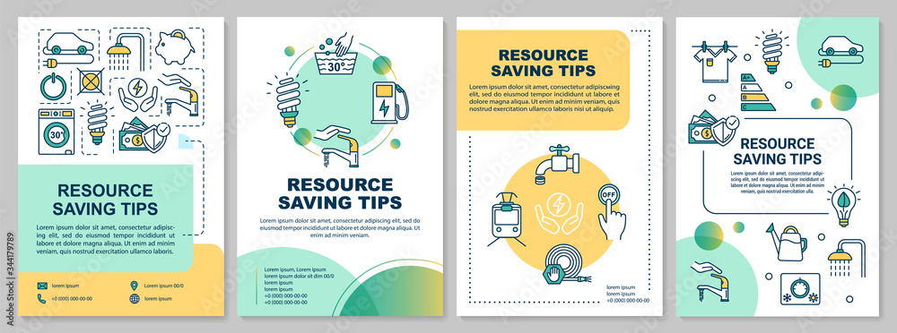 Resource saving tips brochure template. Energy and water waste reduce ...