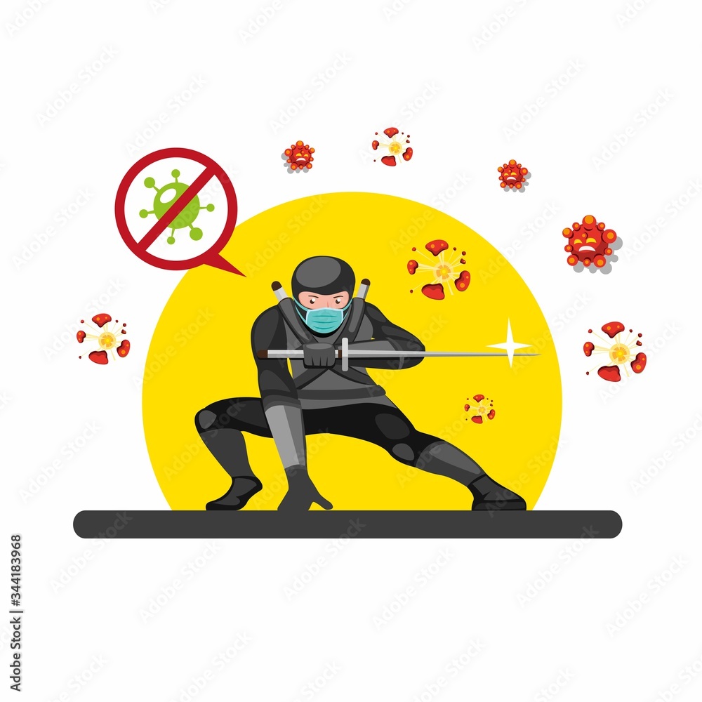 Ninja wear mask destroy cell bacteria virus with sword katana. ninja ...