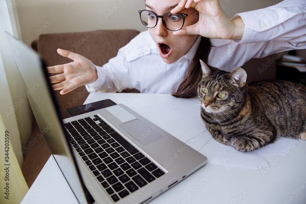 The Girl And The Cat Look At The Monitor In Surprise The Girl Adjusts